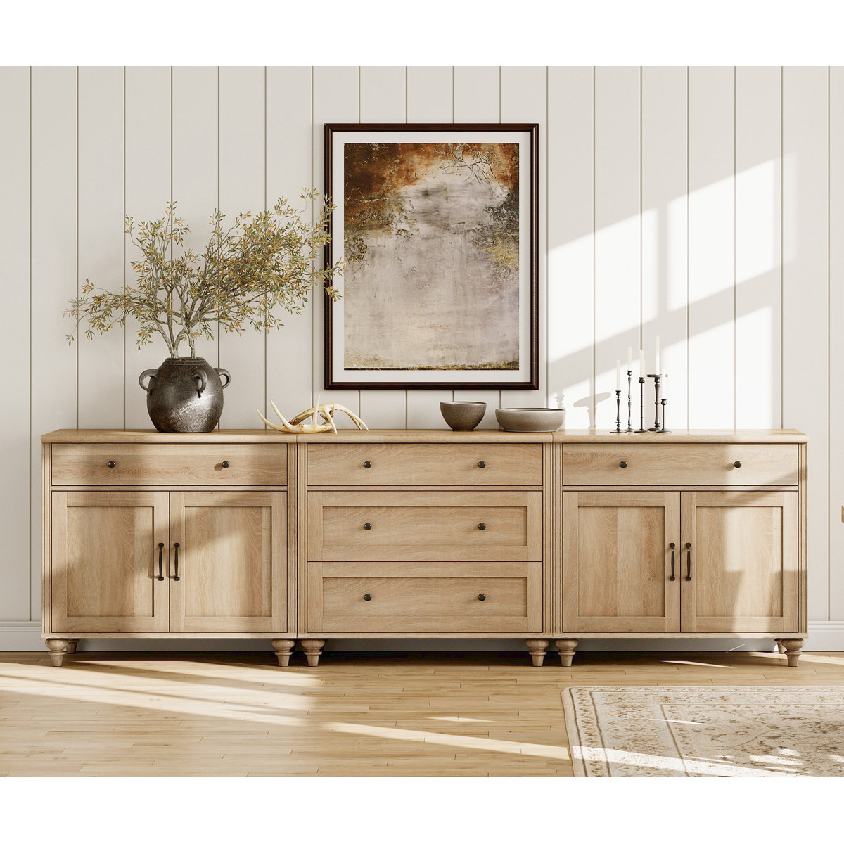 Charlton Home® Scarlett Sideboard Cabinet With 5 Drawers And 4 Doors, Vintage Wood Grain Design ...